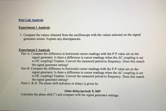 Post Lab Analysis Experiment 1 Analysis 1. Compare | Chegg.com