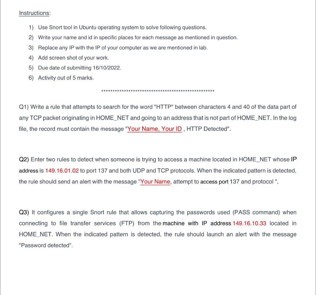 Solved Instructions: 1) Use Snort tool in Ubuntu operating | Chegg.com