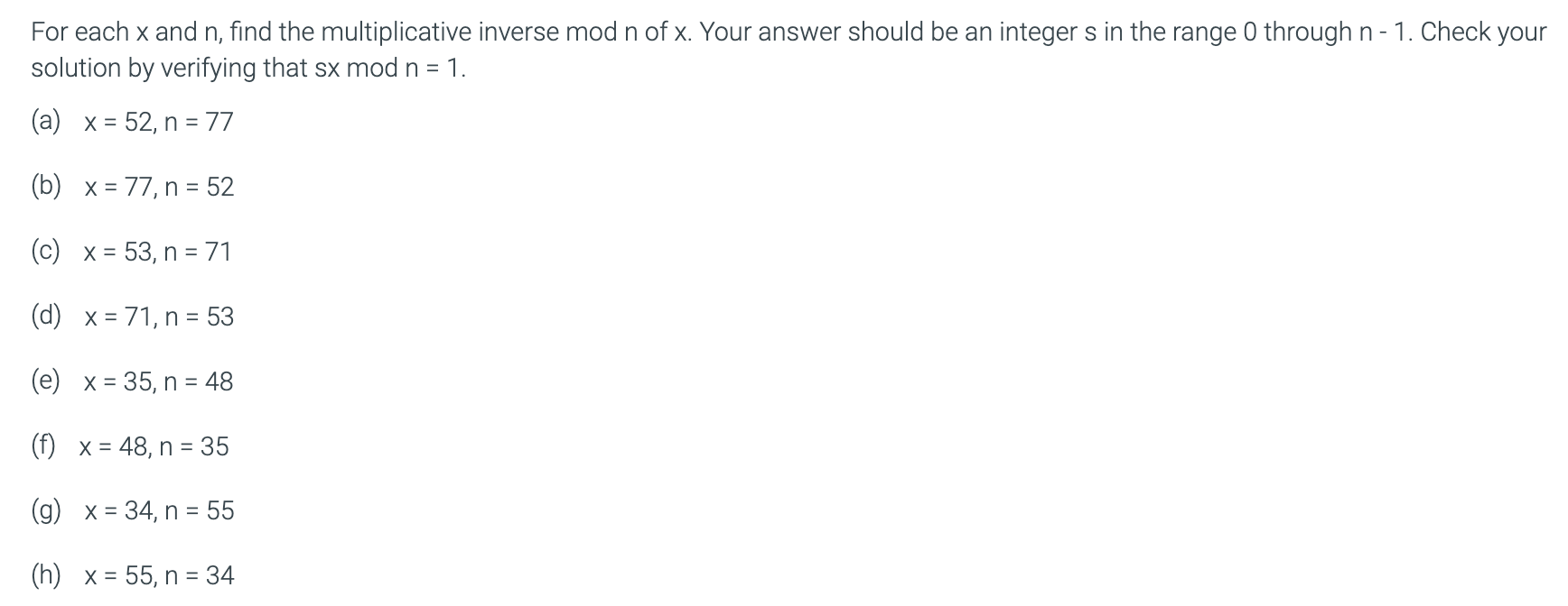 Solved For each x and n, find the multiplicative inverse | Chegg.com