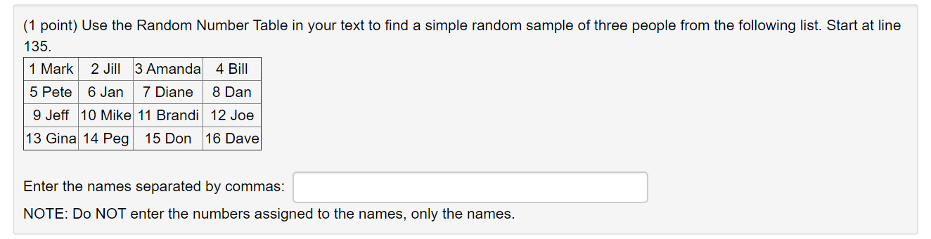 Solved (1 point) Use the Random Number Table in your text to | Chegg.com