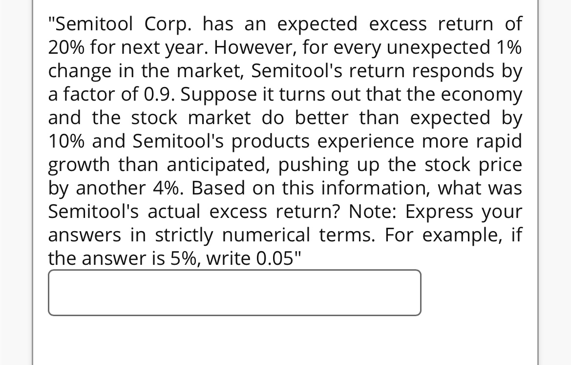 Solved "Semitool Corp. has an expected excess return of 20% | Chegg.com