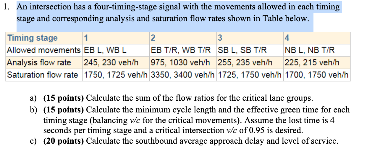 1. An intersection has a four-timing-stage signal | Chegg.com