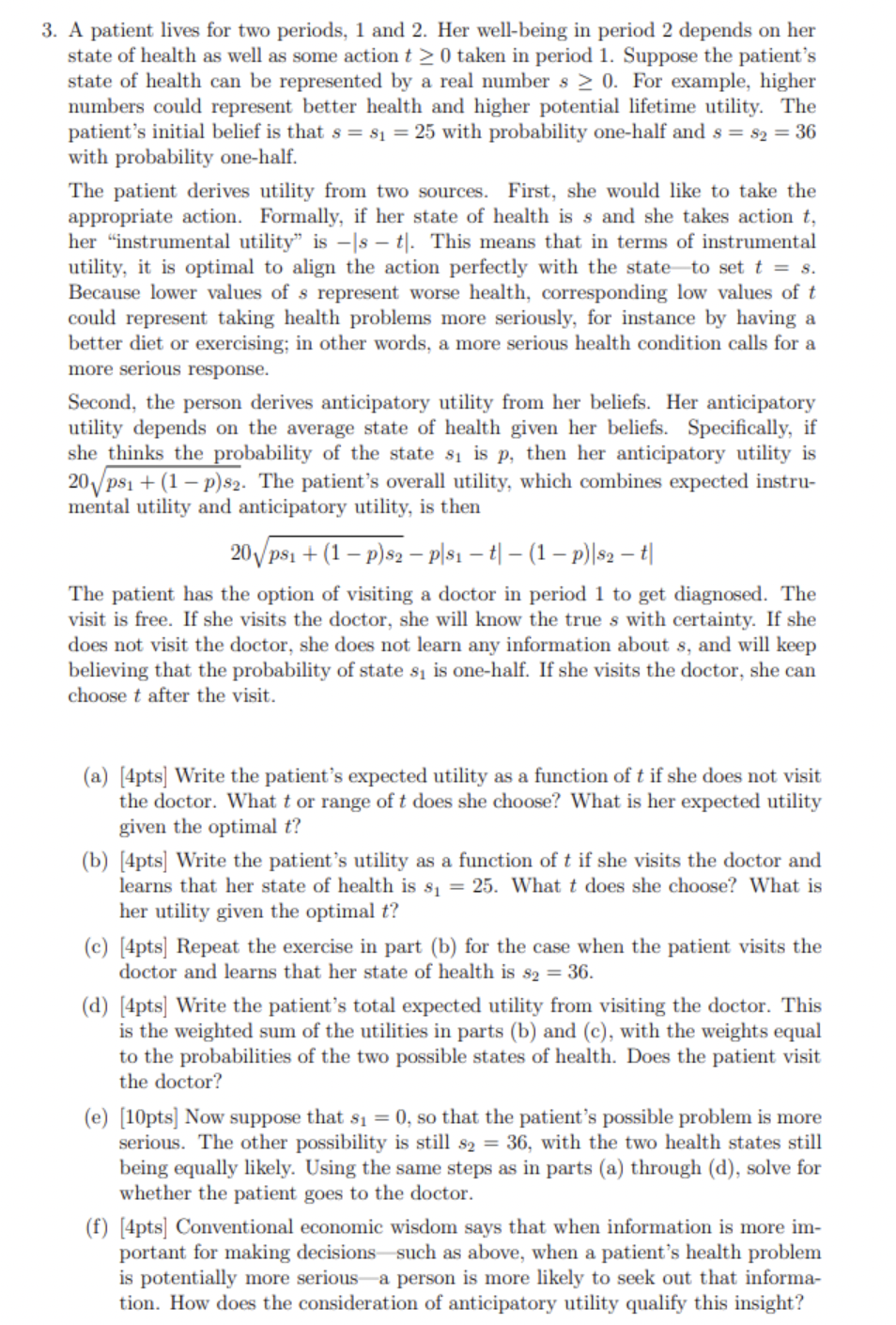 Solved 3. A patient lives for two periods, 1 and 2 . Her | Chegg.com