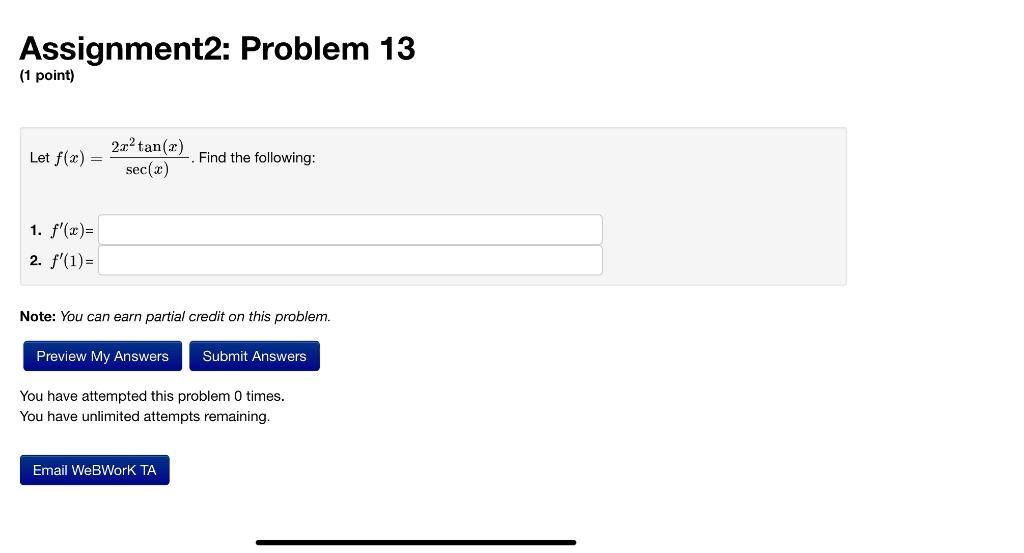 Solved Assignment2: Problem 13 (1 point) Let f(x) = 1. | Chegg.com