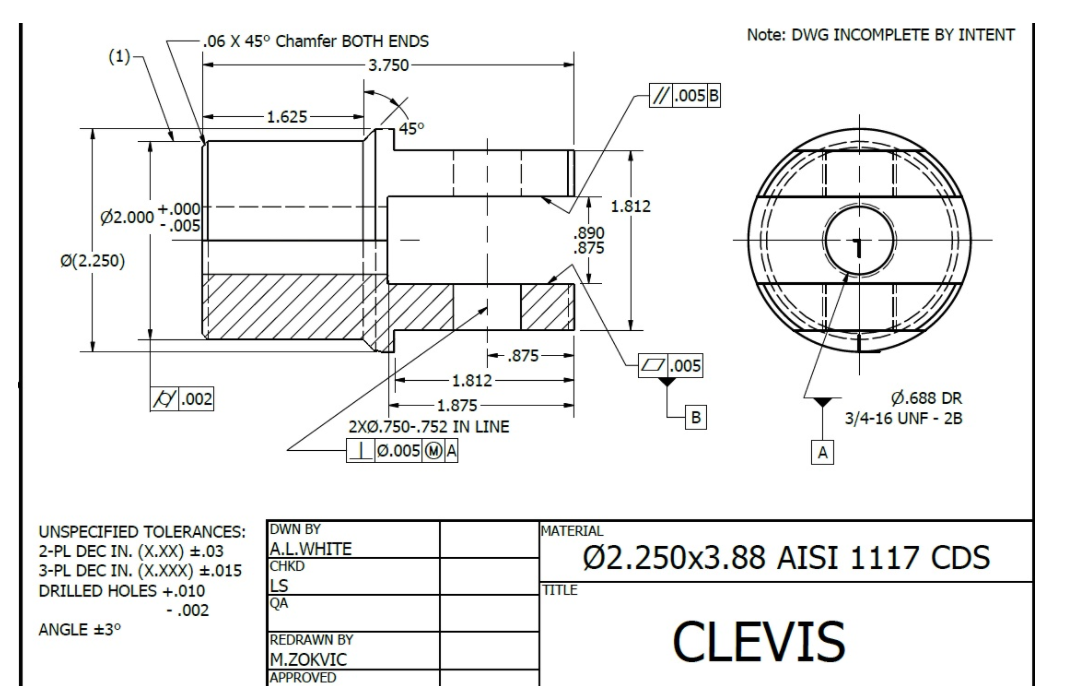 Solved Note: DWG INCOMPLETE BY INTENT (1) .06 X 45° Chamfer | Chegg.com