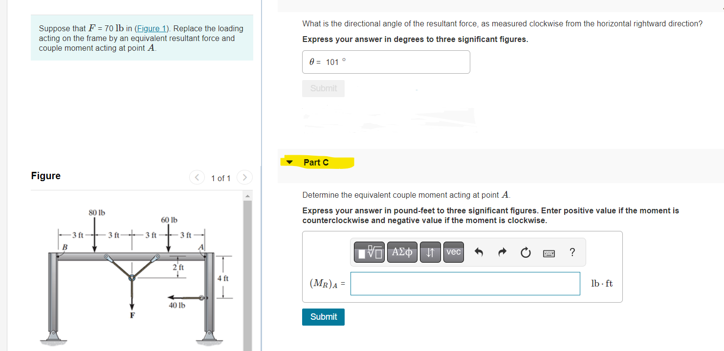 Solved Suppose that F=70lb in (Figure 1). Replace the | Chegg.com