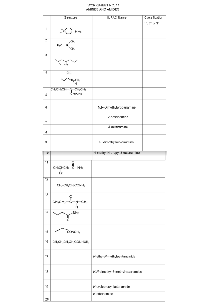 Solved WORKSHEET NO. 11 AMINES AND AMIDES Structure IUPAC | Chegg.com