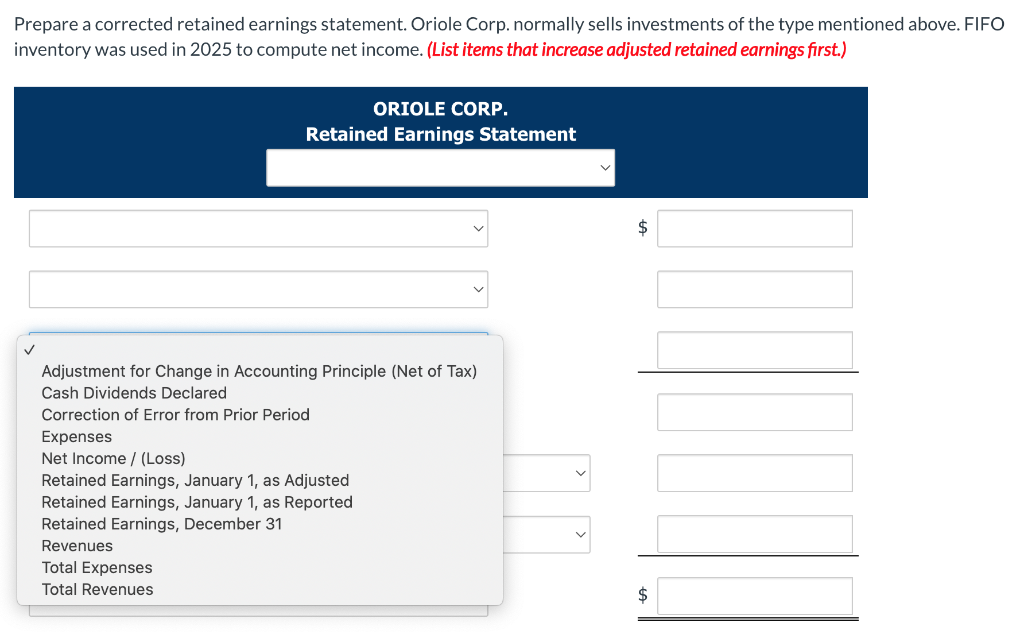 Solved E Prepare a corrected retained earnings statement. | Chegg.com