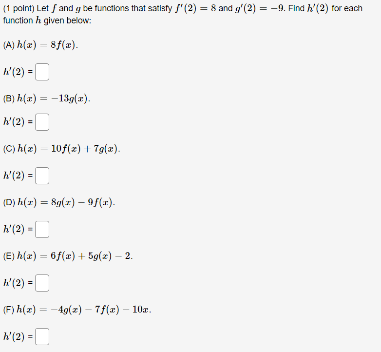 Solved (1 point) Let f and g be functions that satisfy | Chegg.com
