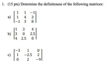 Solved 1. (15 pts) Determine the definiteness of the | Chegg.com