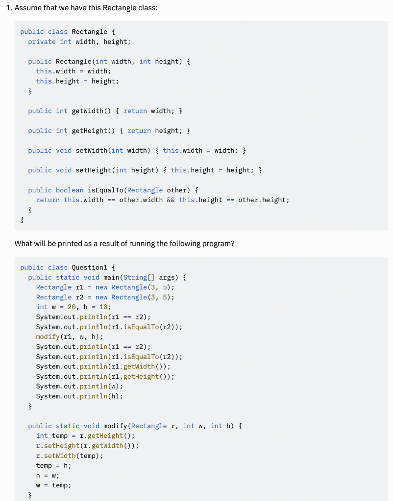 Solved 1. Assume that we have this Rectangle class: public | Chegg.com