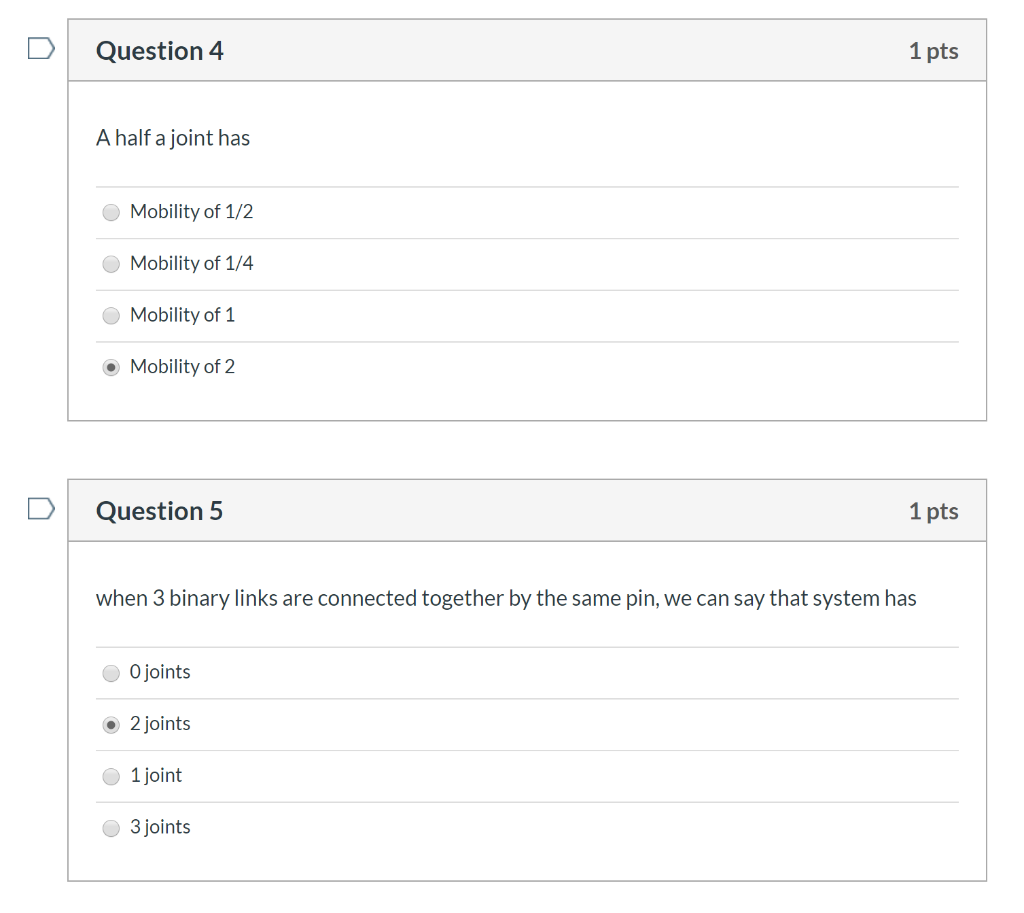 Solved Question 4 1 pts A half a joint has Mobility of 1/2 | Chegg.com