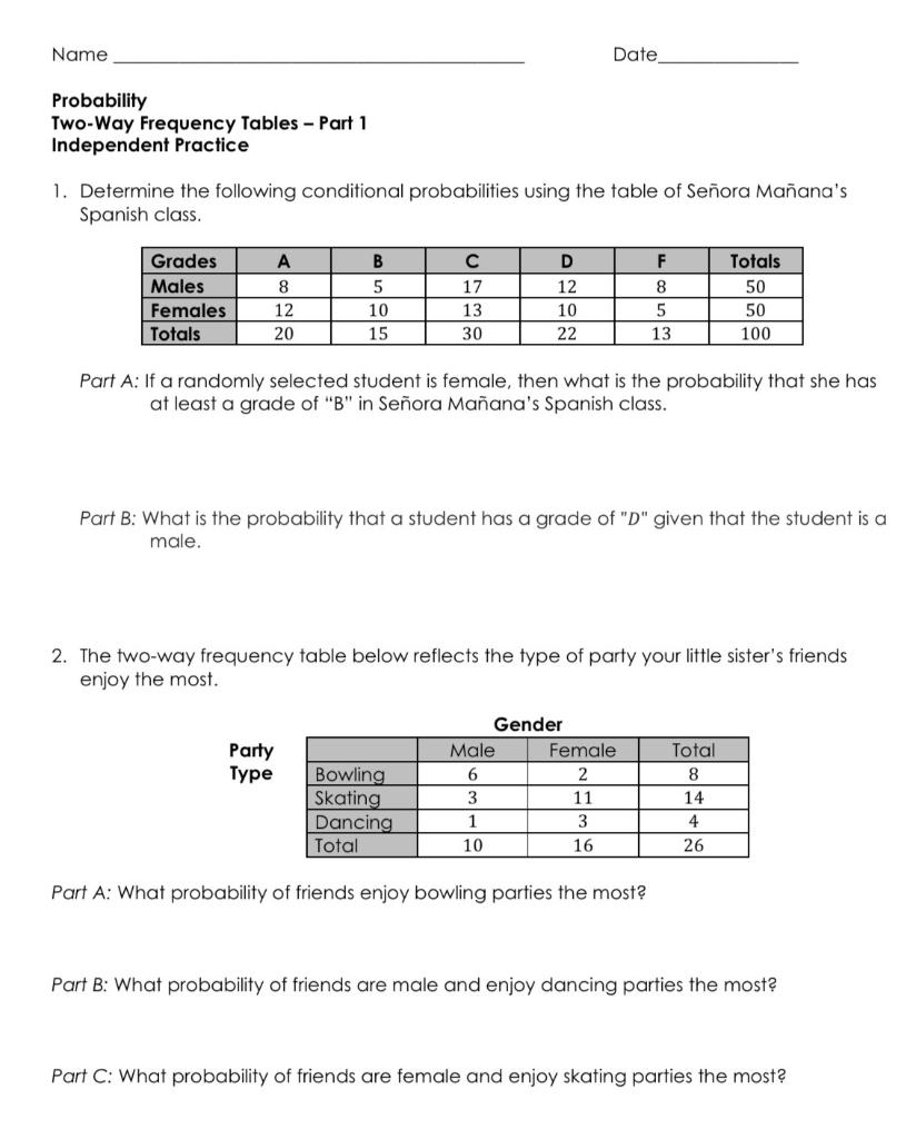 Two Way Frequency Table Worksheet Algebra 1 | Cabinets Matttroy