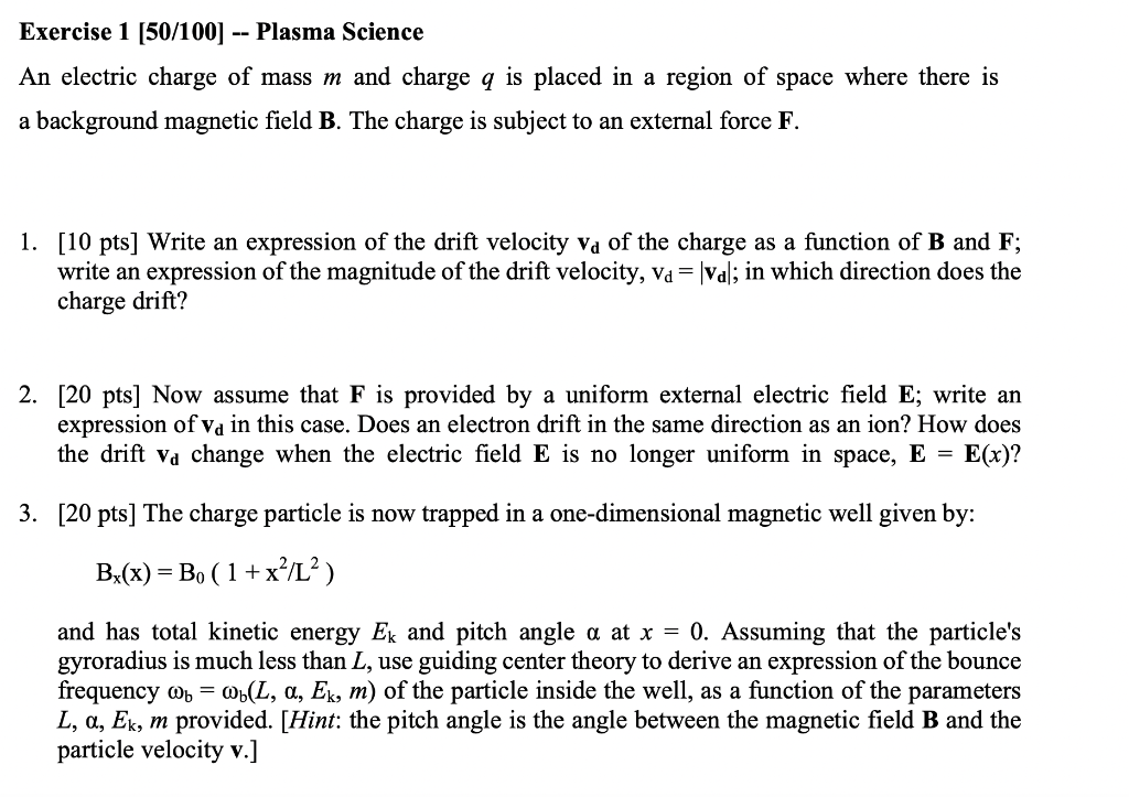 Solved Exercise 1 [50/100] - Plasma Science An electric | Chegg.com
