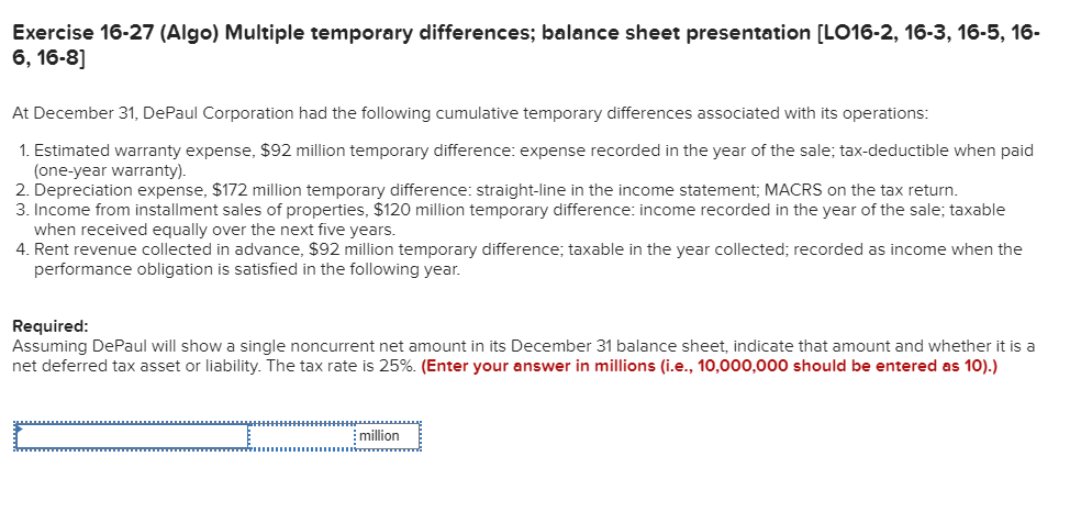 Solved Exercise 16-27 (Algo) Multiple temporary differences; | Chegg.com