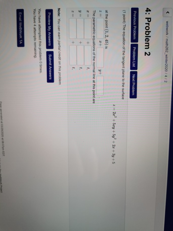 Solved webwork / math262_winter2020 / 4/2 4: Problem 2 | Chegg.com
