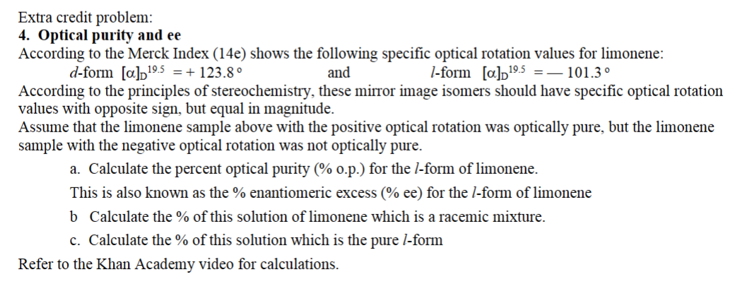 Solved Extra credit problem: 4. Optical purity and ee | Chegg.com