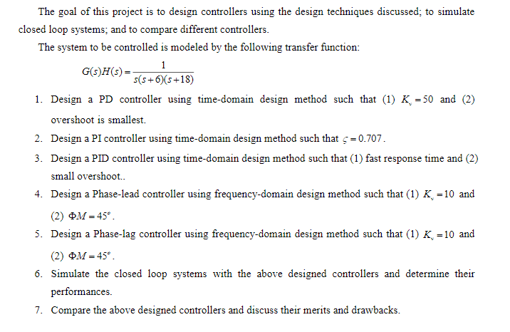 Solved The goal of this project is to design controllers | Chegg.com