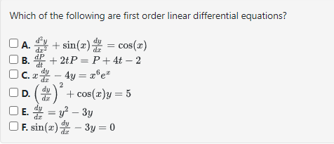 Solved Which of the following are first order linear | Chegg.com