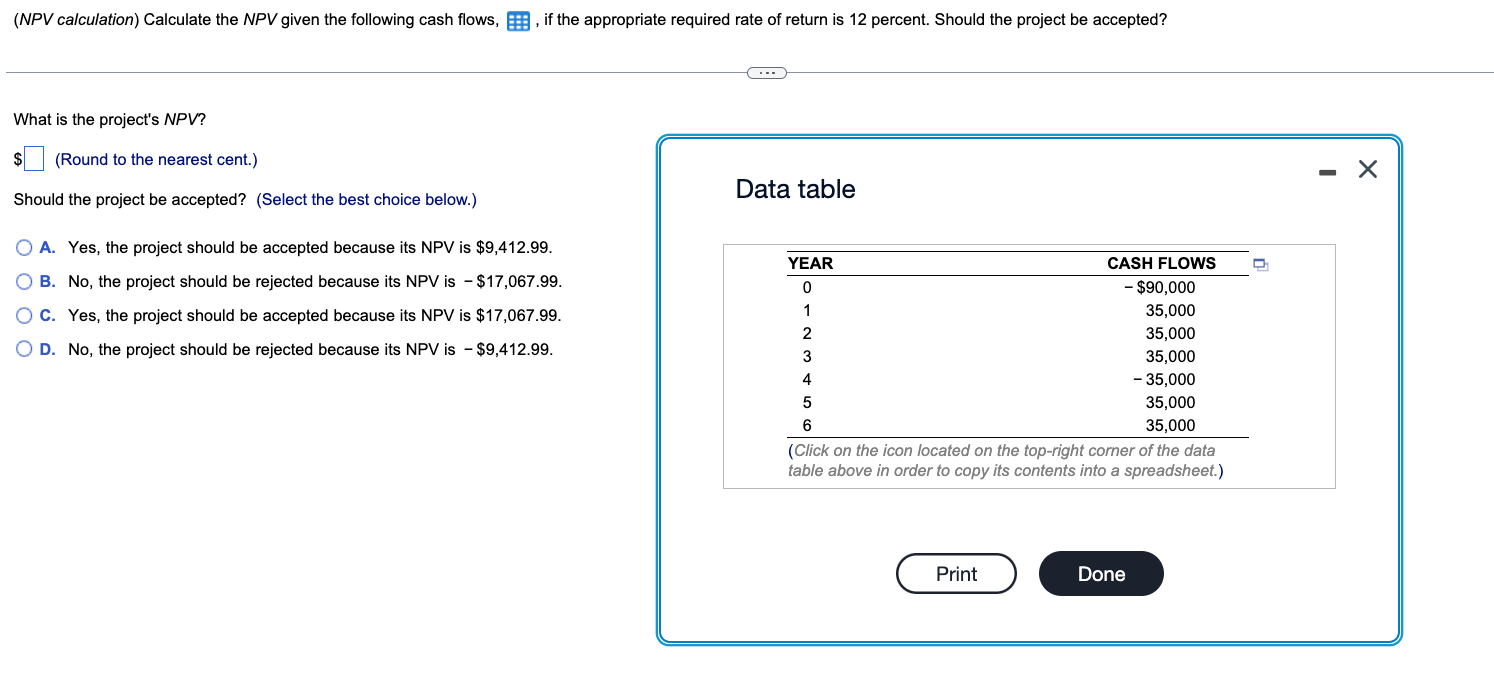 Solved (NPV calculation) ﻿Calculate the NPV given the | Chegg.com