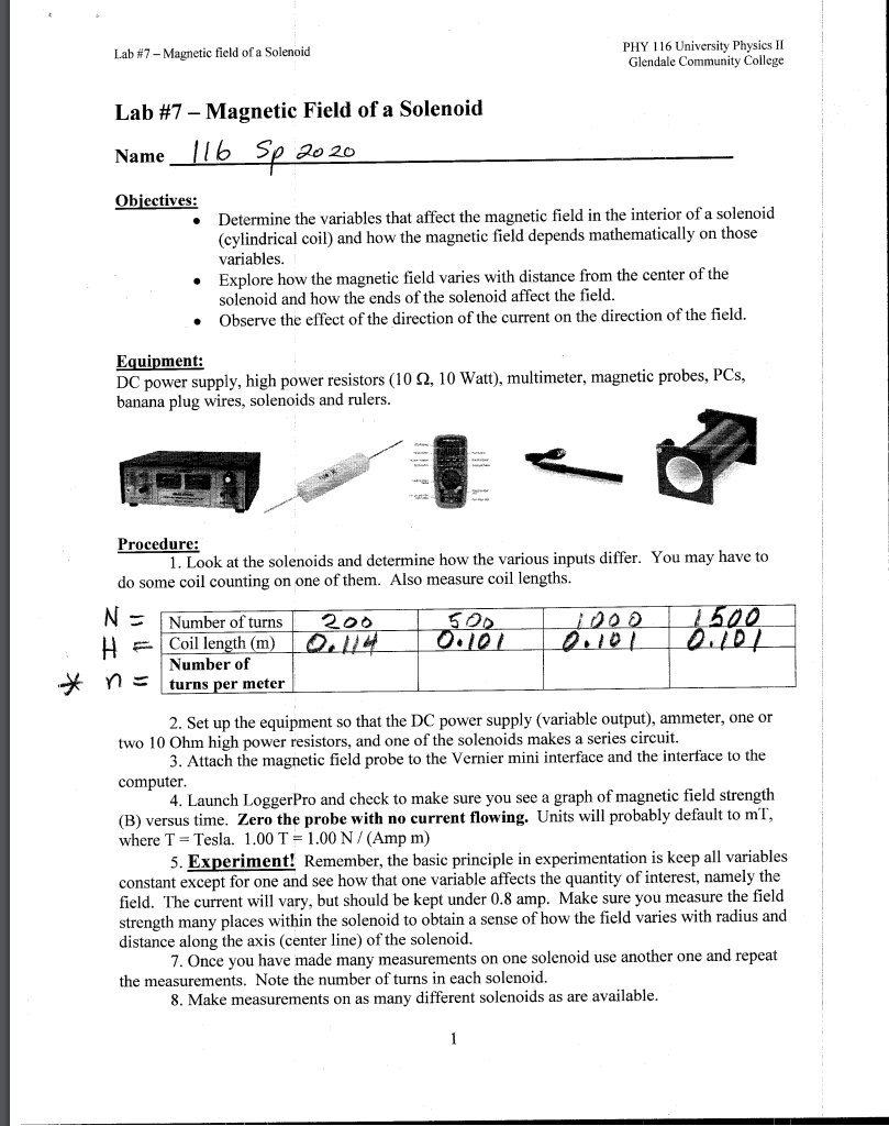 Lab #7 - Magnetic field of a Solenoid PHY 116 | Chegg.com