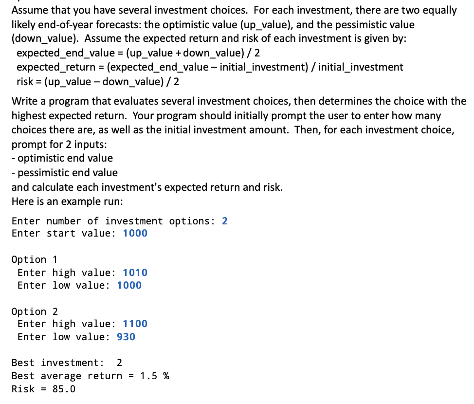 Solved Assume that you have several investment choices. For | Chegg.com