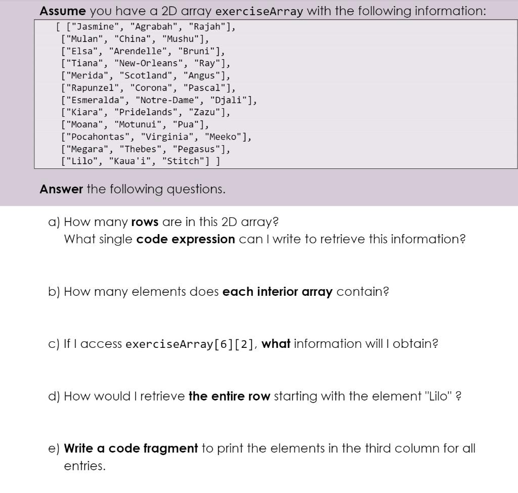 Solved Assume you have a 2D array exerciseArray with the | Chegg.com