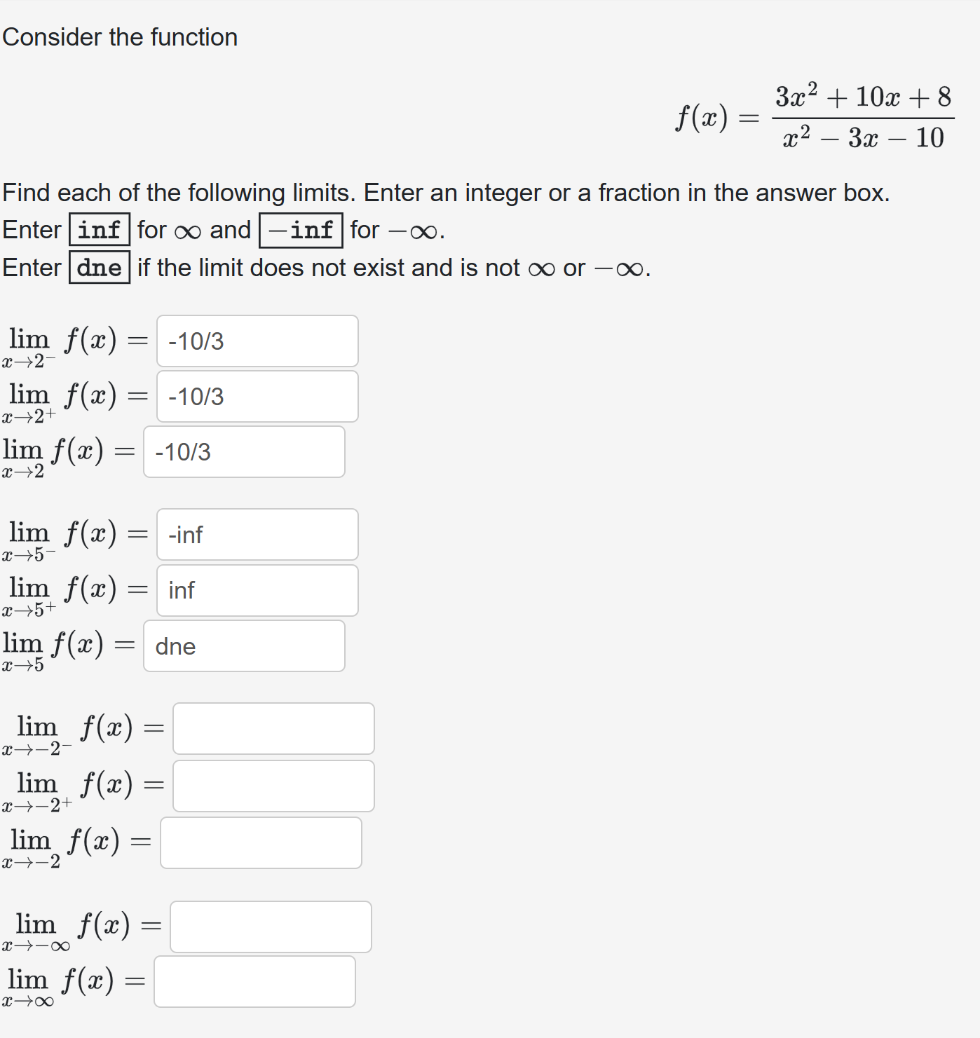 Solved Consider the function f(x)=x2−3x−103x2+10x+8 Find | Chegg.com