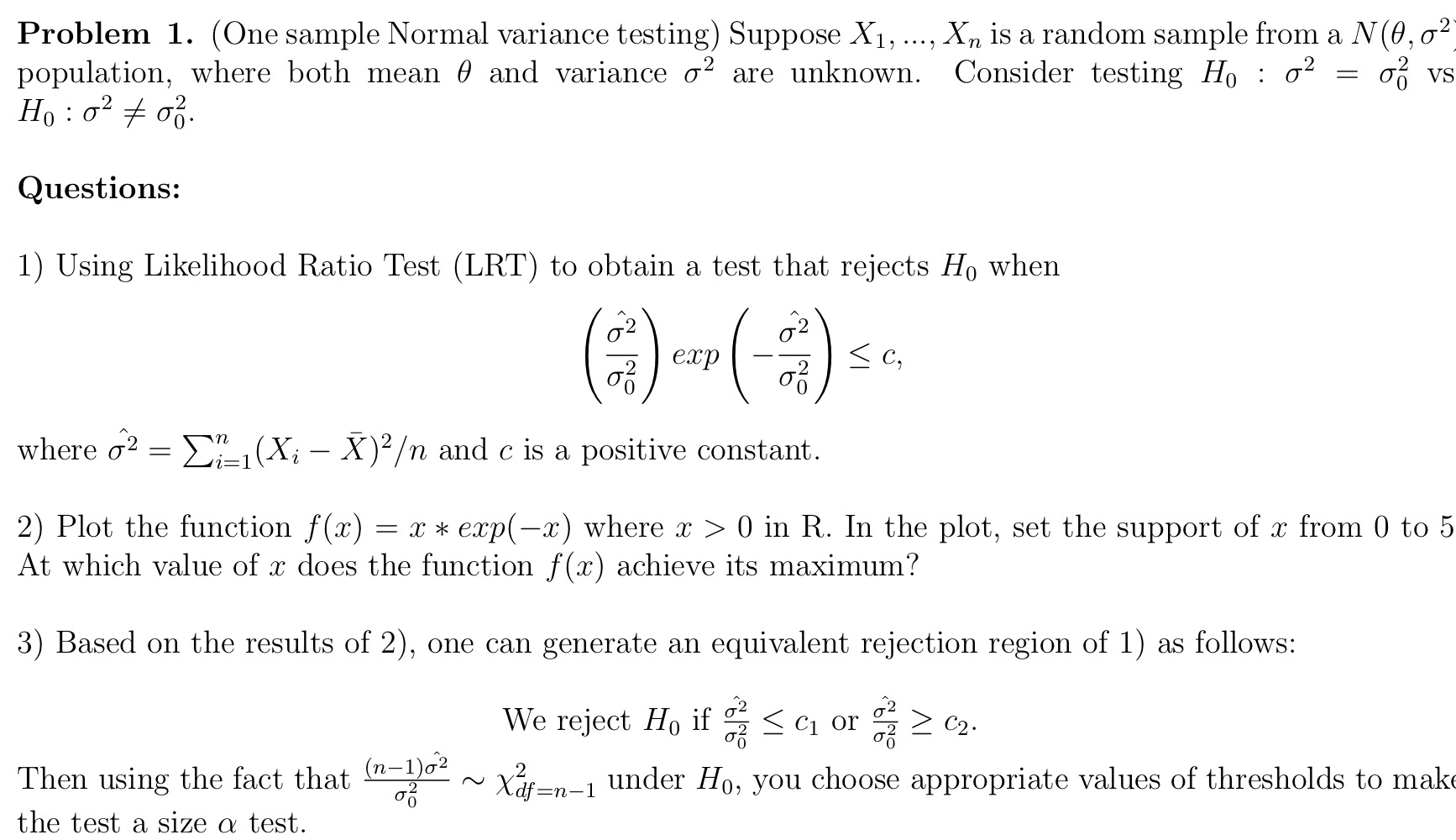 Problem 1. (One sample Normal variance testing) | Chegg.com