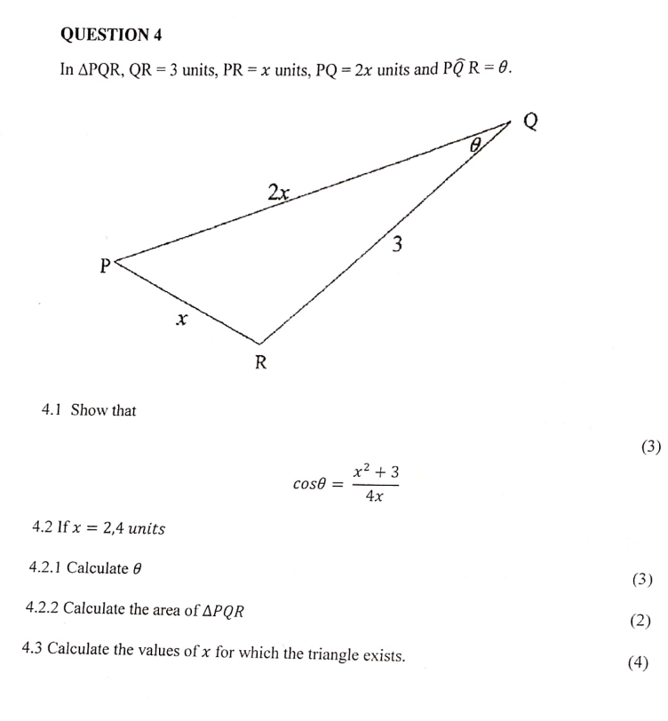 Solved QUESTION 4 In APQR, QR = 3 units, PR = x units, PQ = | Chegg.com