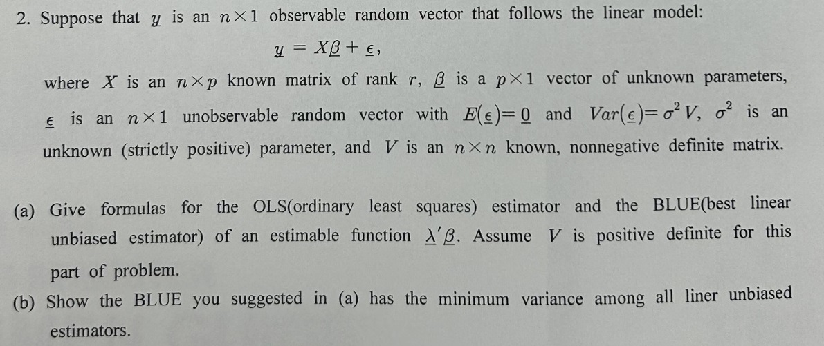Solved 2. Suppose that y is an n×1 observable random vector | Chegg.com