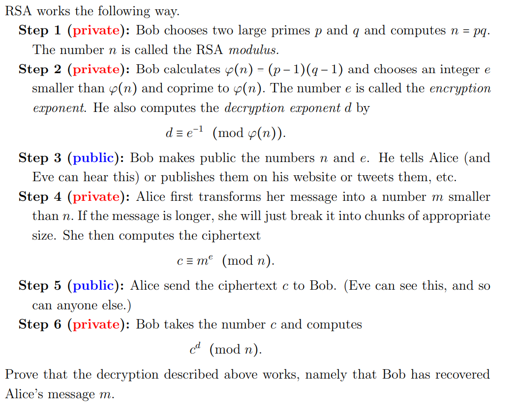 Solved RSA works the following way. Step 1 (private): Bob | Chegg.com