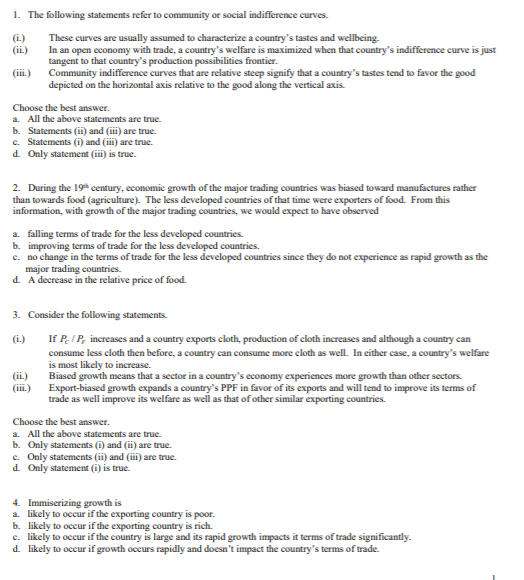 Solved 1. The following statements refer to community or | Chegg.com