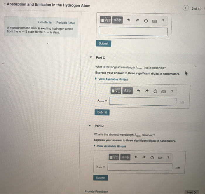 Solved 3 of 12 Absorption and Emission in the Hydrogen Atom | Chegg.com