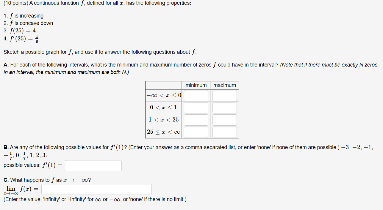 Solved (10 points) A continuous function f, defined for all | Chegg.com