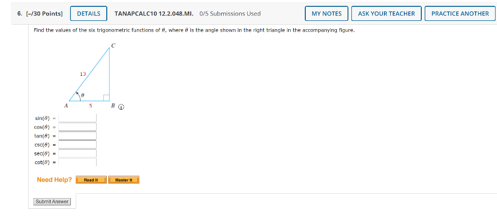 Solved Find the values of the six trigonometric functions of | Chegg.com