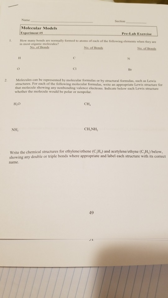 Solved Name Section Molecular Models Experiment #5 Pre-Lab | Chegg.com