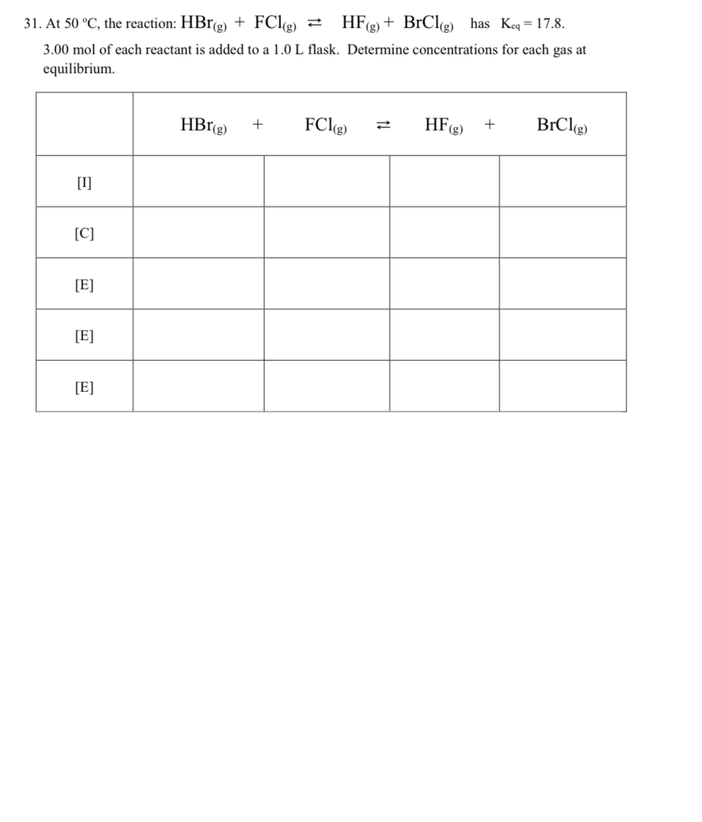 Solved At 50°C, ﻿the reaction: HBr(g)+FCl(g)⇄HF(g)+BrCl(g) | Chegg.com