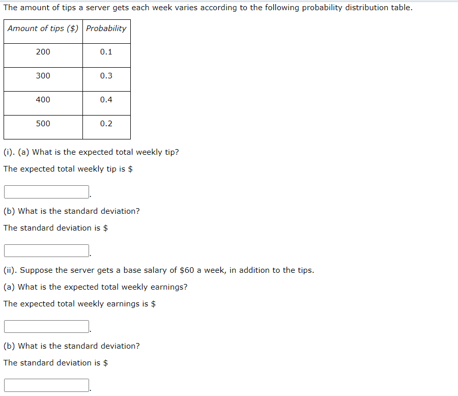 Solved The amount of tips a server gets each week varies | Chegg.com