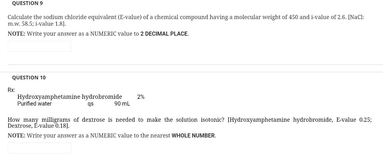 Solved QUESTION 9 Calculate the sodium chloride equivalent | Chegg.com