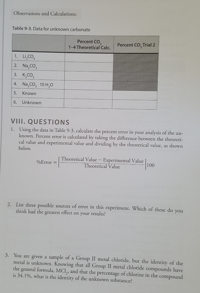 Observations and Calculations: Table 9-3. Data for | Chegg.com