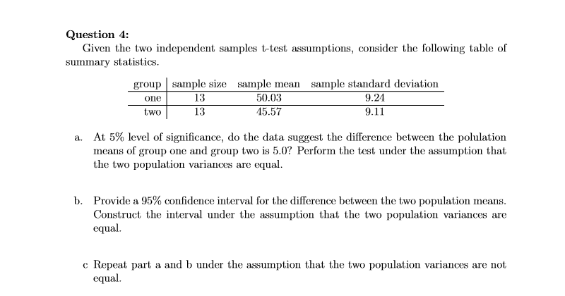Solved ion 4 Given The Two Independent Samples T test Chegg