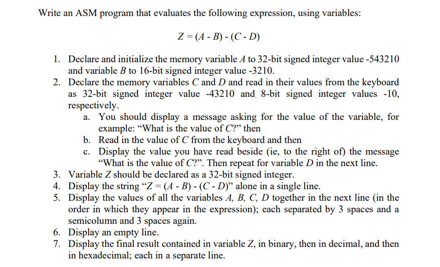 Solved Write an ASM program that evaluates the following | Chegg.com