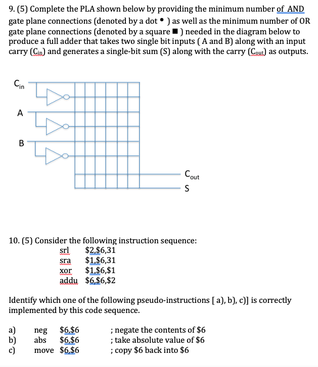 Solved 9. (5) Complete the PLA shown below by providing the | Chegg.com