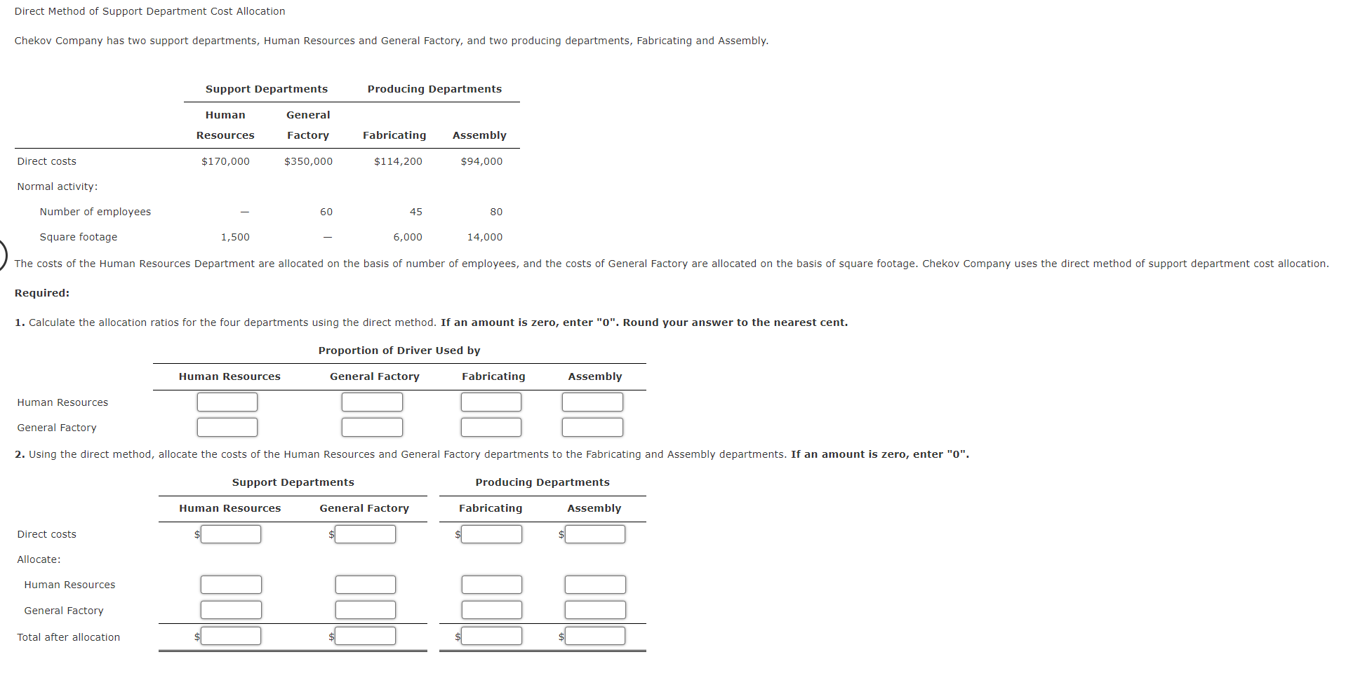 Solved Direct Method Of Support Department Cost Allocation