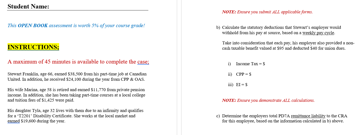 Student Name: NOTE: Ensure you submit ALL applicable | Chegg.com