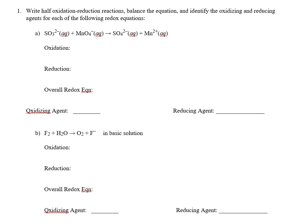 Solved 1. Write half oxidation-reduction reactions, balance | Chegg.com