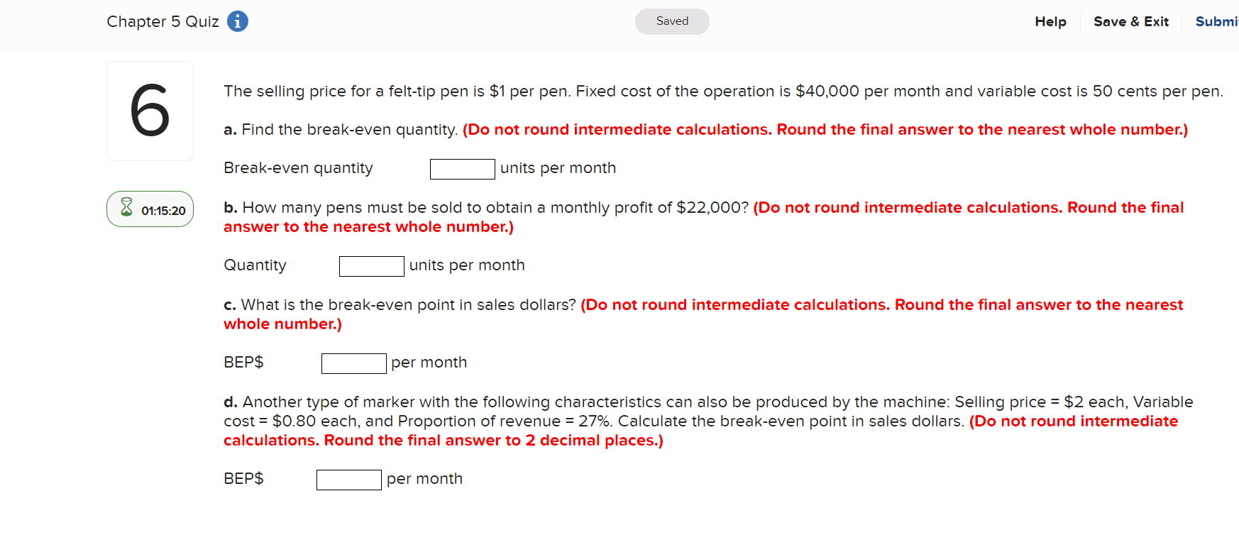 Solved Chapter 5 Quiz Saved Help Save & Exit Submi The | Chegg.com