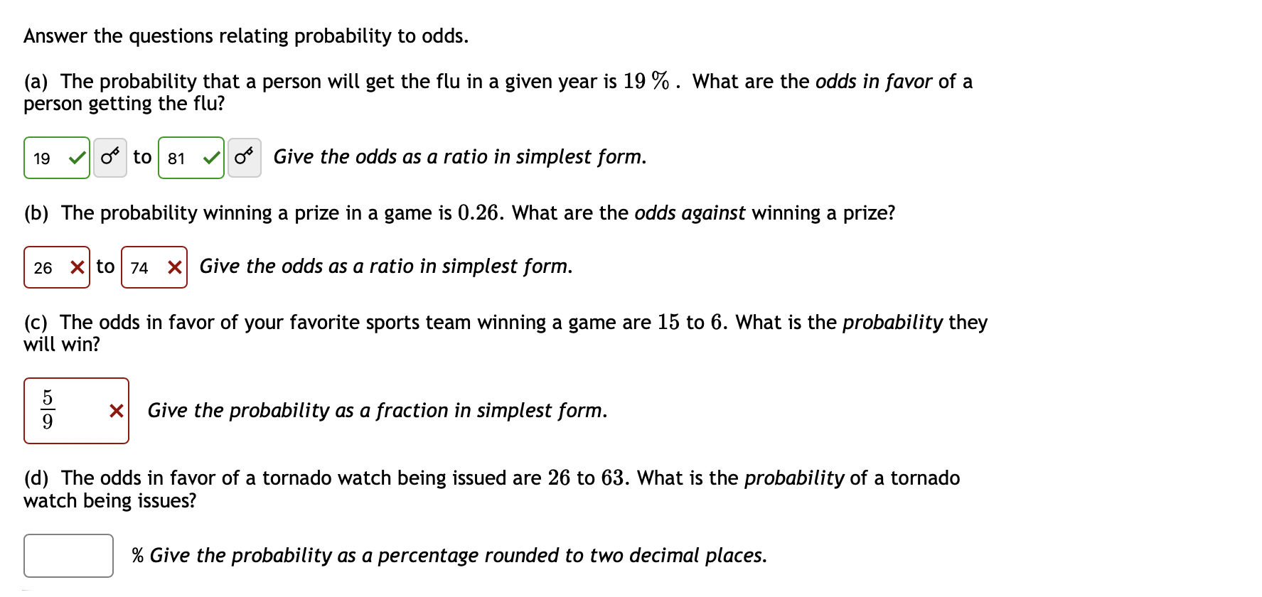 Solved Answer the questions relating probability to odds. | Chegg.com