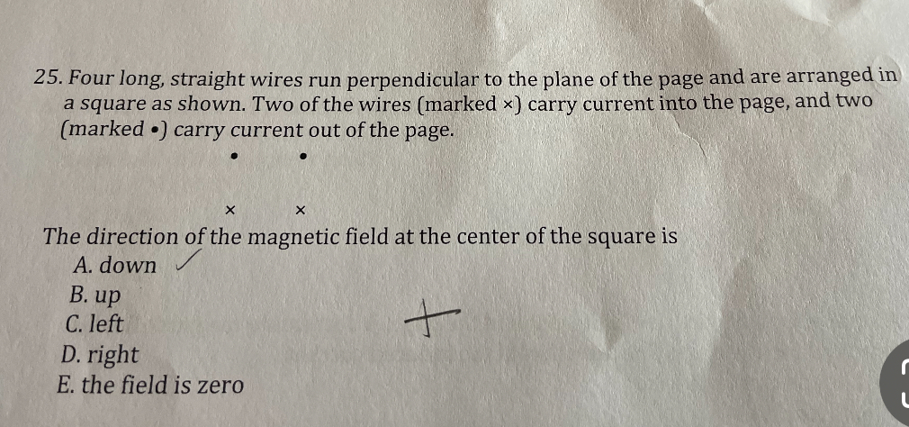Solved 25. Four long, straight wires run perpendicular to | Chegg.com